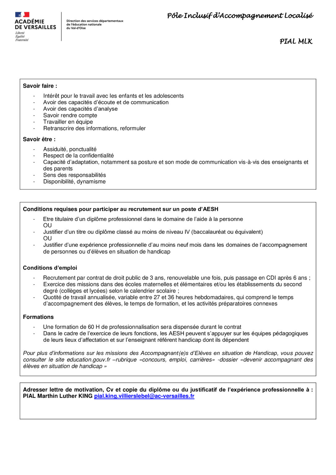 Intitulé du Poste : Accompagnement(e) des élèves en situation de ...
